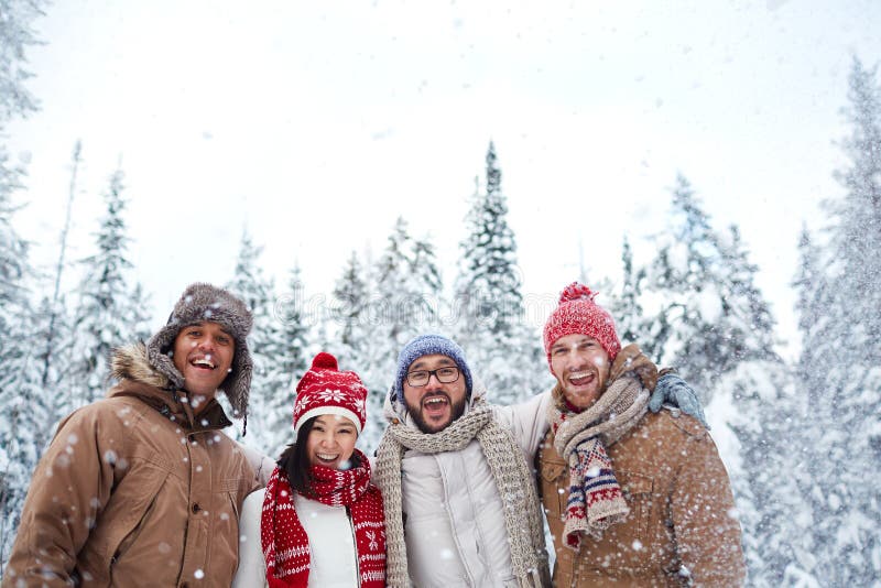Friends under snowfall stock image. Image of handsome - 80672563