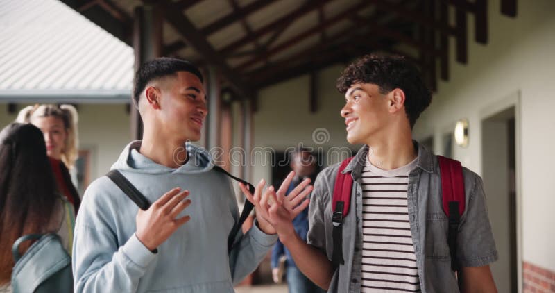 Handshake, University or Students Greeting in Outdoor Campus or School ...