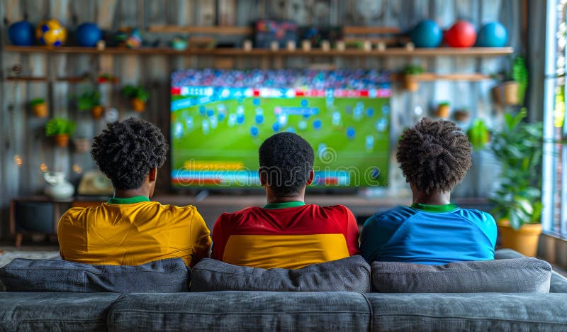 Friends Watching Soccer Match on TV. Three Friends Sit on a Couch ...