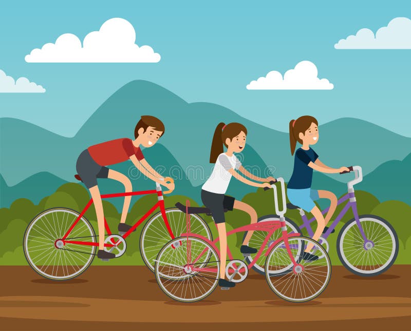 Friends Women and Man Ride Bicycle Stock Vector - Illustration of ...
