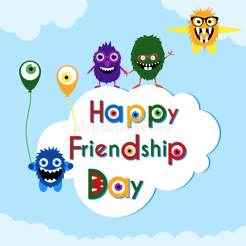 Friendship Day Greeting Card with Cute Monsters Stock Vector ...
