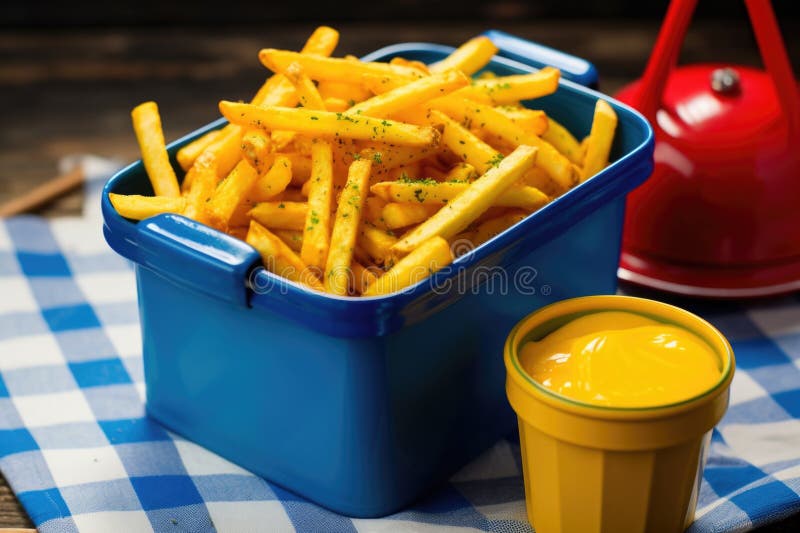 Fries in a Blue Plastic Basket with Yellow Mustard Stock Illustration ...