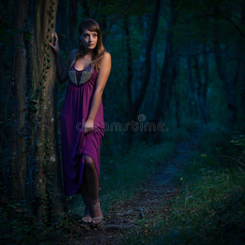 Frightened Beautiful Lady on a Forest Path at Dusk Stock Image - Image ...