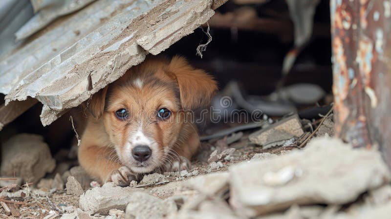 A Frightened Brown and White Dog is Hiding among Rubble from a ...