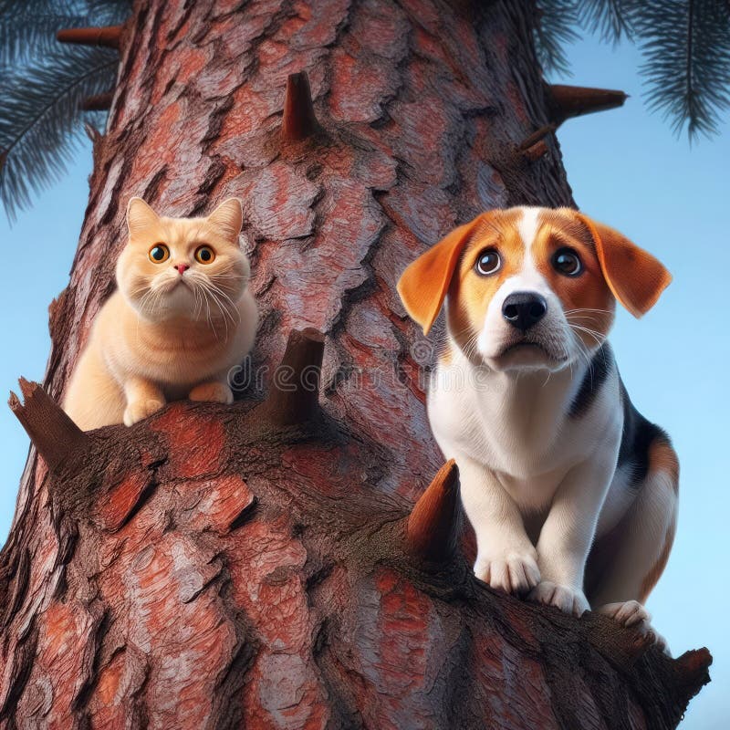 Frightened Cat and Dog Sitting on a Tree. Stock Image - Image of escape ...