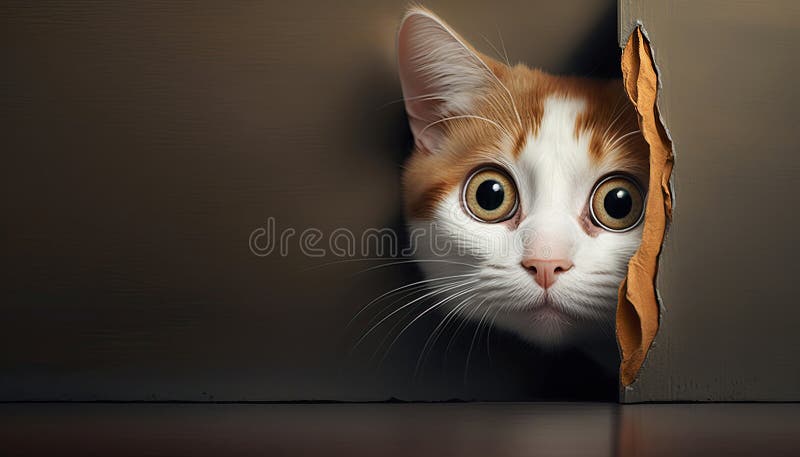 A Frightened Cat Peeks Out from Around the Corner, with Copy Space ...