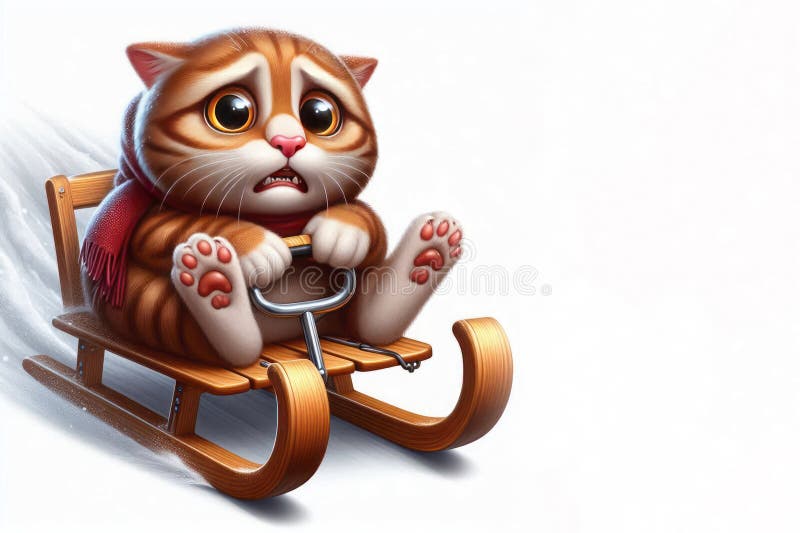 A Frightened Cat Rides a Sled in the Snow. Space for Text. Stock Image ...