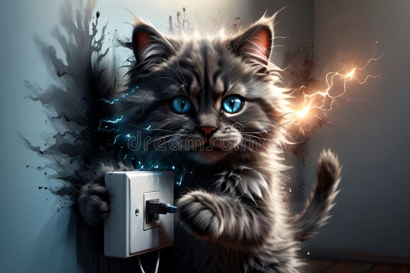 A Frightened Cat Stands Near the Switch with Electricity, Short Circuit ...