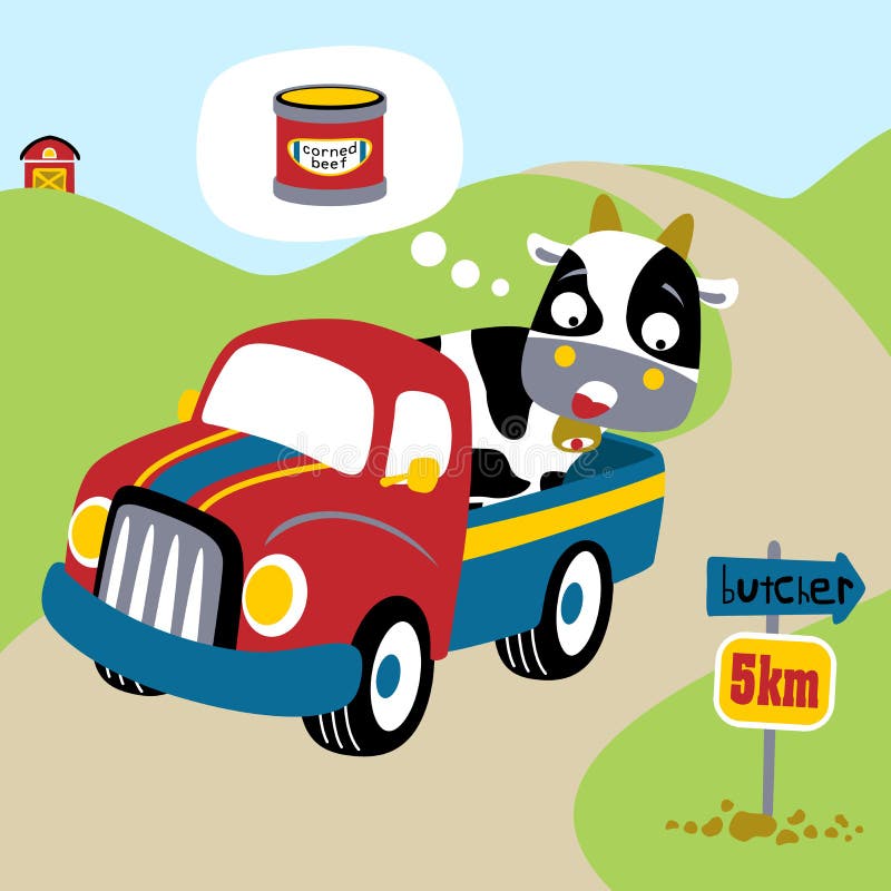 Funny Cartoon, Cow on Truck in Farm Field Stock Vector - Illustration ...