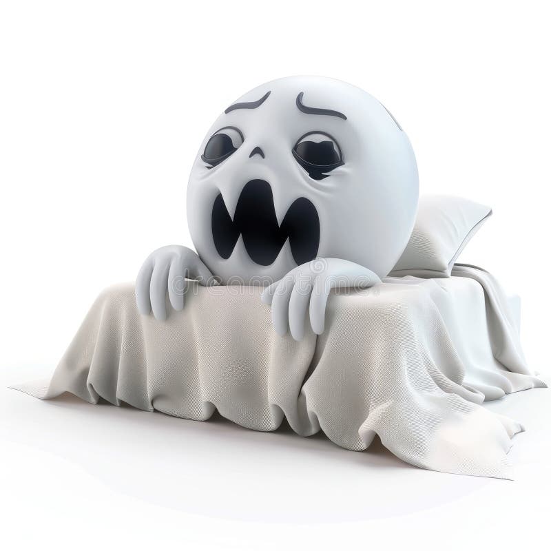 Frightened Emoticon in Bed, Sleepless Night, 3D Render Stock ...