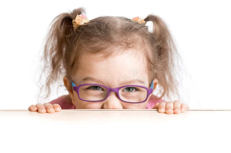 Frightened Kid in Spectacles Looking from Under Stock Photo - Image of ...