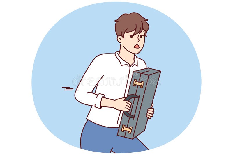 Frightened Man with Suitcase in Hands Runs Away Looking Back To Escape ...