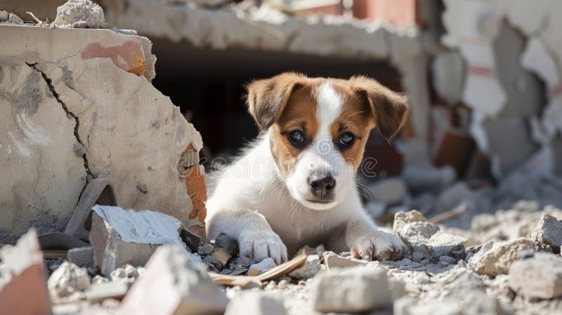 Frightened Puppy Lying on Rubble in the Aftermath of a Destroyed Home ...