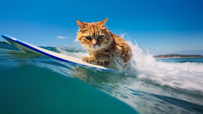 Frightened Red Striped Cat Surfer on a Board on a Wave in the Ocean ...