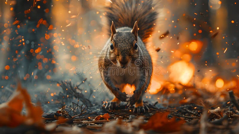 Frightened Squirrel Runs Away from Fire, a Fire in the Forest, a Disaster, a Tragedy Stock ...