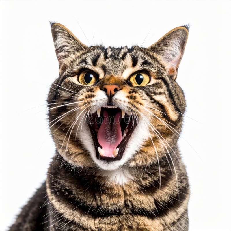 Frightened Tabby Cat Growling with Mouth Open on White Background ...