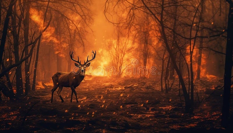 Frightened Wild Deer Against the Backdrop of a Forest on Fire ...