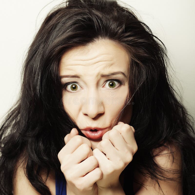 Frightened Woman, Isolated on Grey Stock Image - Image of female ...