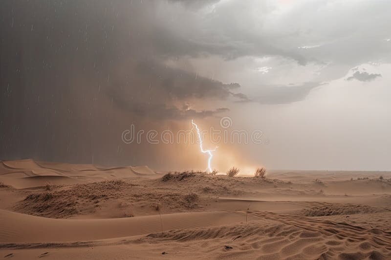 Frightening Storm of Sand and Dust in the Desert, with Lightning ...