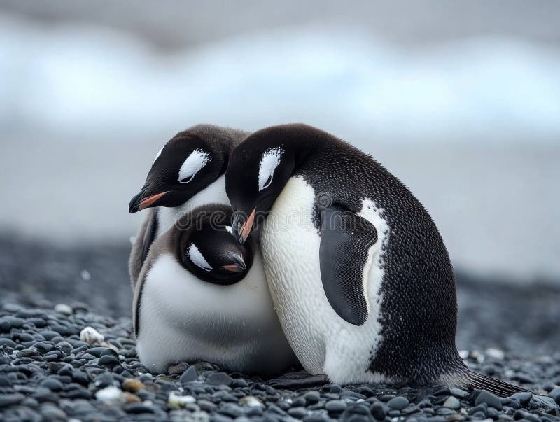 In a Frigid Coastal Setting, Three Gentoo Penguins Huddle ...