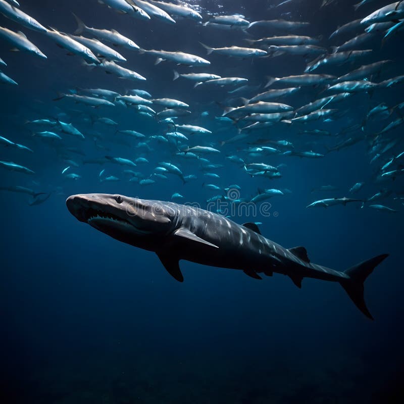 Frilled Shark in the Deep Sea Surrounded by Bio Luminescent Creatures ...