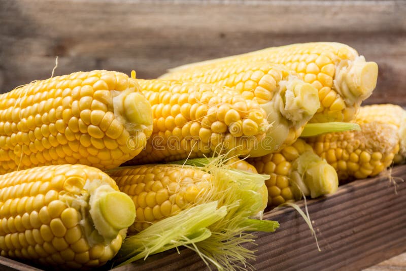 Frischer Mais Auf Rustikalem Holztisch, Nahaufnahme Stockfoto - Bild ...