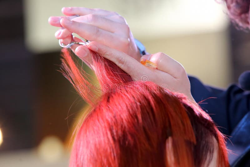 Friseur, Der Rotes Haar Mit Scheren Trimmt Stockfoto - Bild von person ...