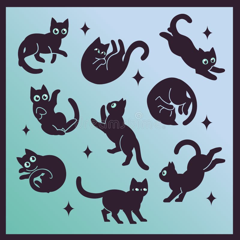 Frisky Black Cats in Different Poses Stock Vector - Illustration of ...