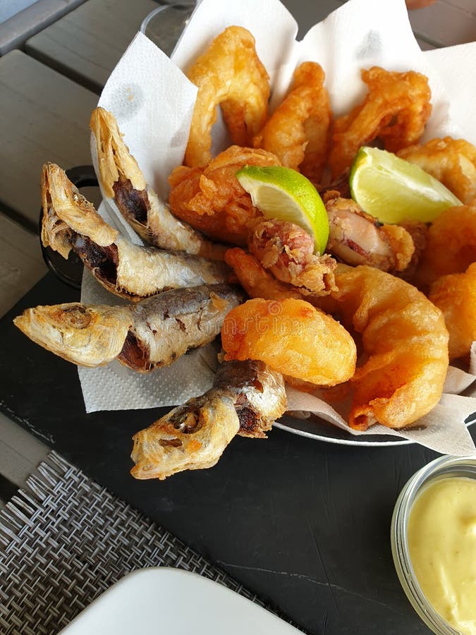 Frito Misto Fried Seafood on a Wooden Tray in a Restaurant Stock Photo ...