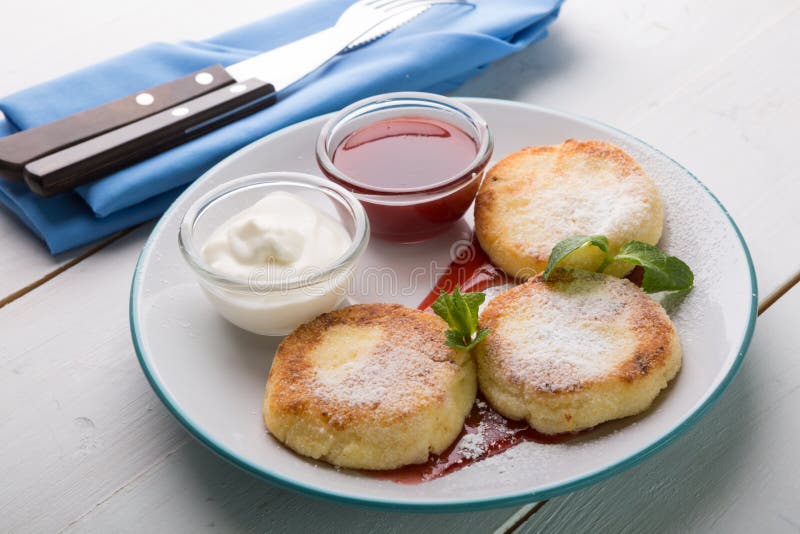 Fritters Served with Jam and Cream for Breakfast Stock Photo - Image of ...