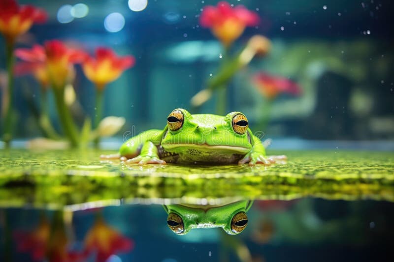 Frog in an Aquarium with Decorated Lily Pads Stock Photo - Image of ...