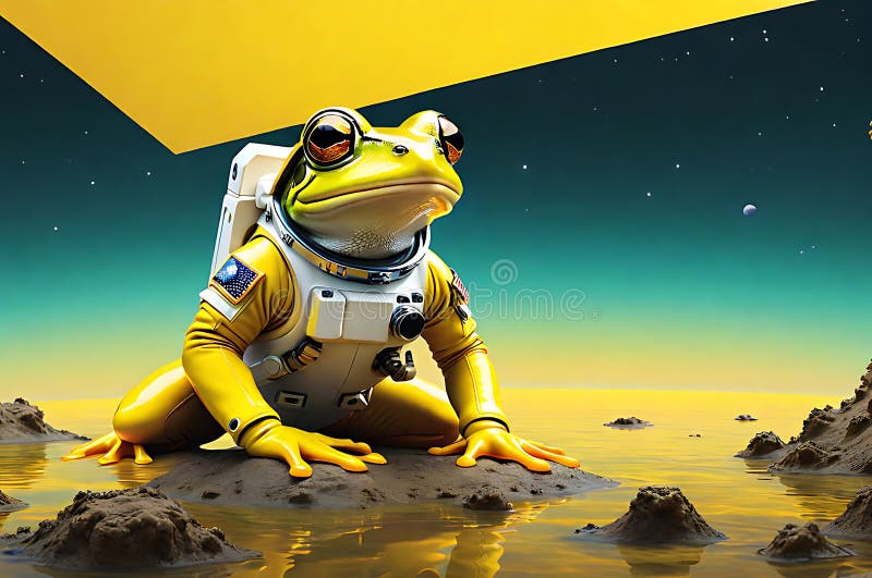 Frog Astronaut Floating Against Vivid Yellow Backdrop - Panoramic ...