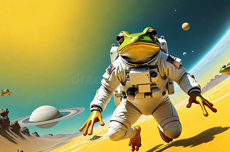 Frog Astronaut Floating Against Vivid Yellow Backdrop - Panoramic ...