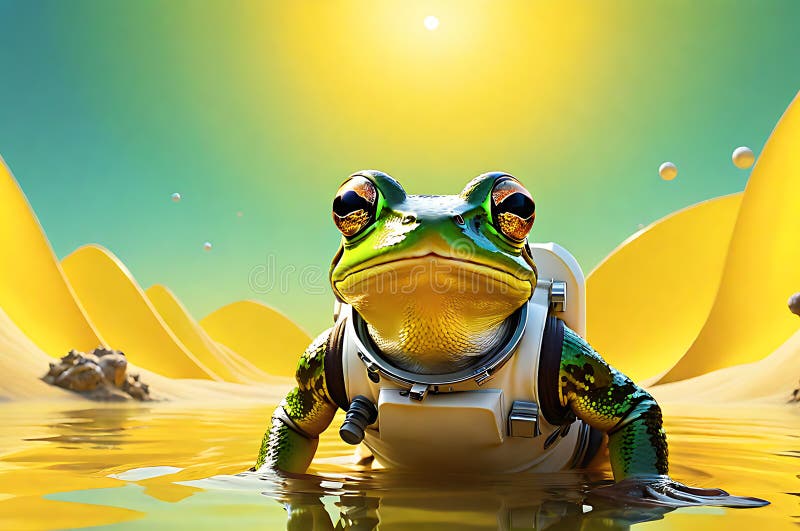 Frog Astronaut Floating Against Vivid Yellow Backdrop - Panoramic ...