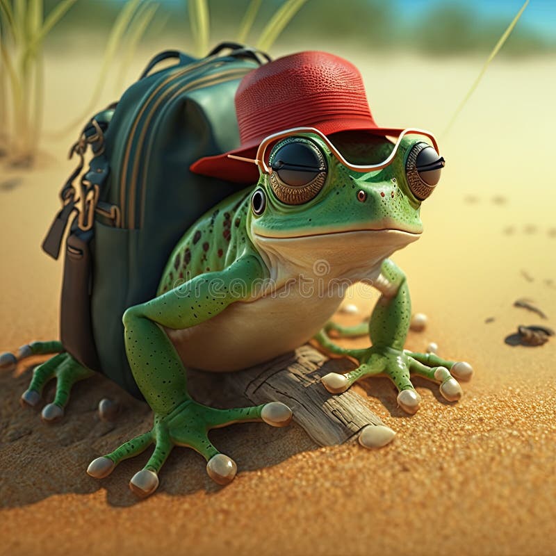 Frog with Backpack, Hat and Glasses. Generative AI Stock Illustration ...