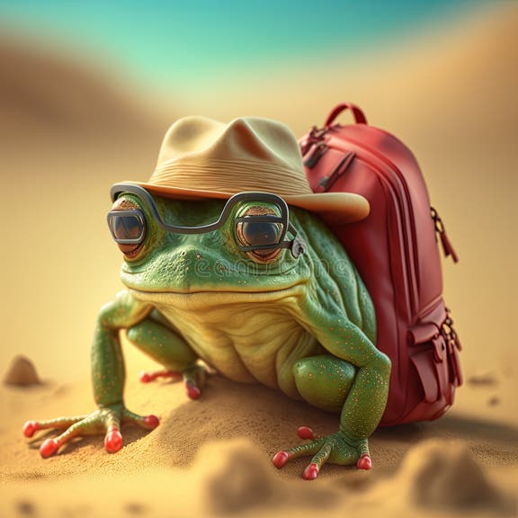 Frog with Backpack, Hat and Glasses. Generative AI Stock Illustration ...