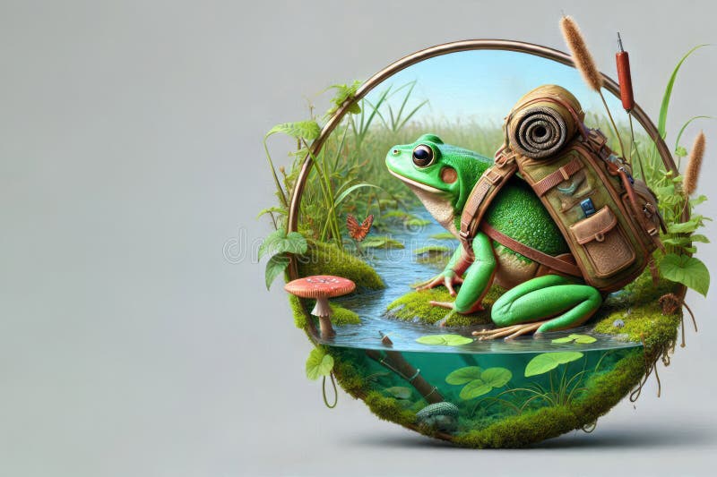 Frog with Backpack in Nature by the River. Space for Text. Stock Image ...