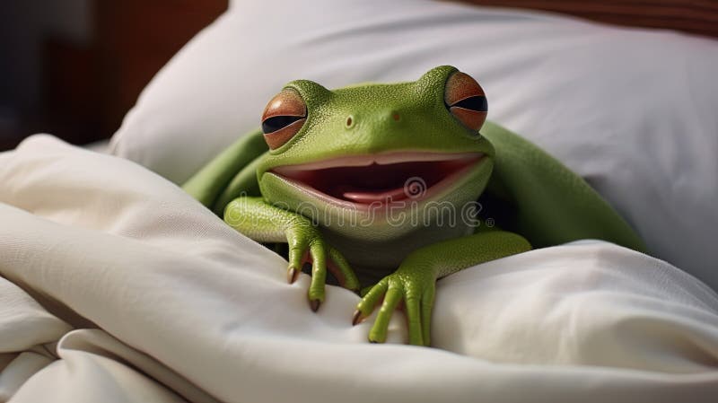 Frog in Bed Wears a Happy Grin Stock Illustration - Illustration of ...