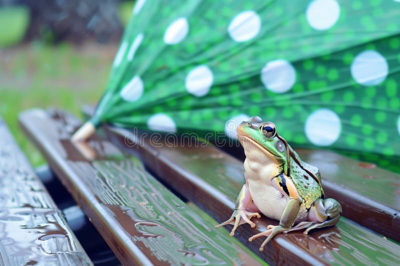 Frog on a Bench Next To a Green Polkadotted Umbrella Stock Image ...