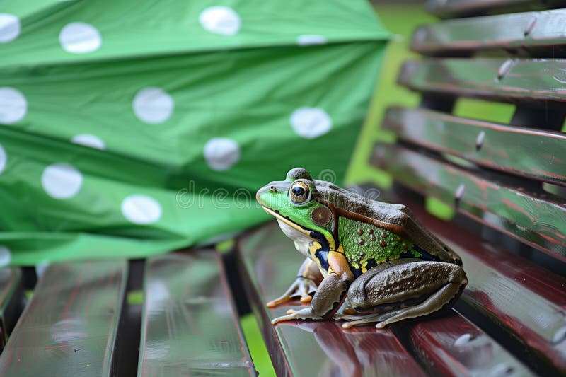 Frog on a Bench Next To a Green Polkadotted Umbrella Stock Photo ...