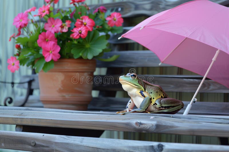 A Frog on a Bench with a Pink Umbrella beside a Flower Pot Stock Image ...