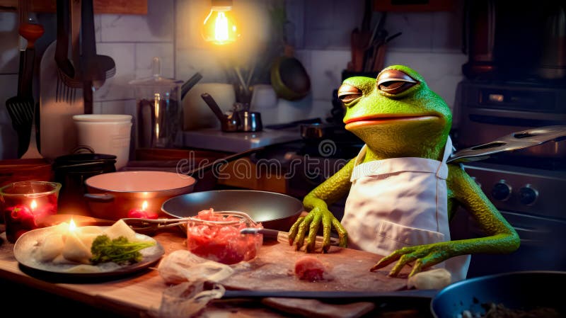 Frog in Chef S Outfit Sitting in Front of Cutting Board. Generative AI ...