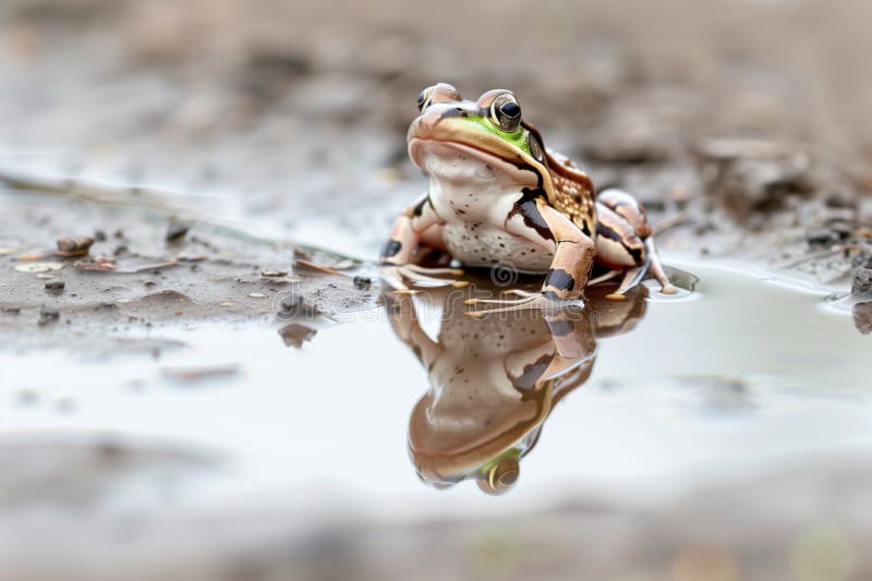 Frog in a Clear Puddle with Its Reflection Stock Image - Image of ...
