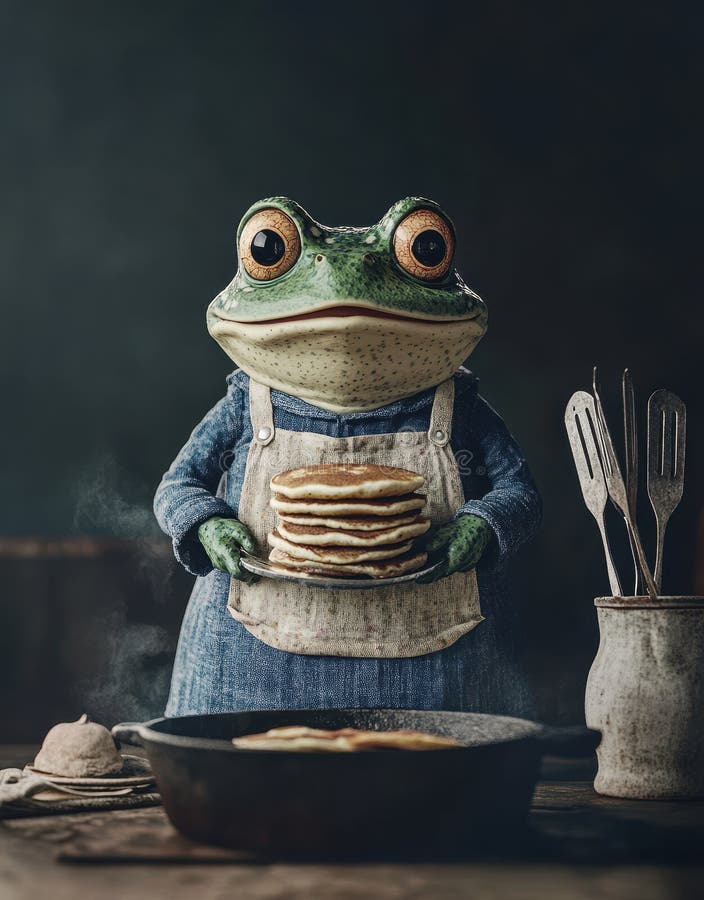 Frog Cooking Pancakes in a Rustic Kitchen with Warm Light Stock Image ...