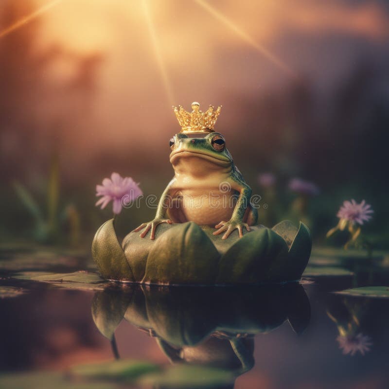 A Frog with a Crown Sitting on a Leaf. Generative AI Image. Stock ...