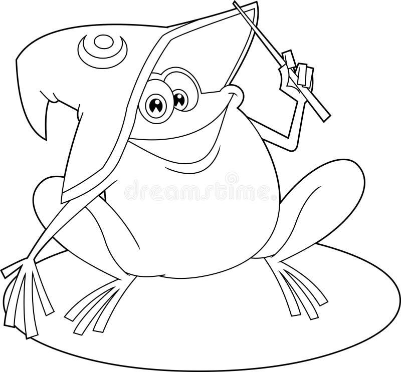 Outlined Cute Frog Cartoon Character with Wizard Hat and Magic Wand ...