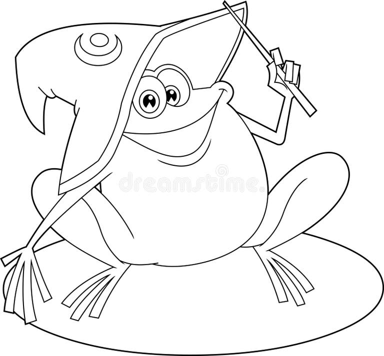 Outlined Cute Frog Cartoon Character with Wizard Hat and Magic Wand ...