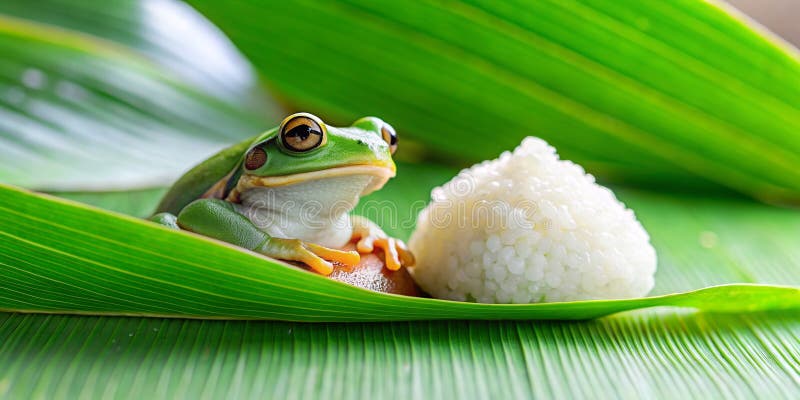 Frog Devouring a Rice Ball Sheltered from View Beneath a Broad Leaf at ...