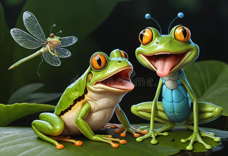 A Frog and a Dragonfly are Sitting on a Leaf Stock Illustration ...