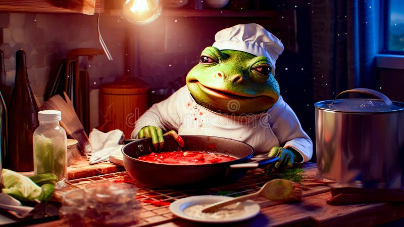 Frog Dressed in Chef& X27;s Outfit Sitting at Table with Pan of Food ...
